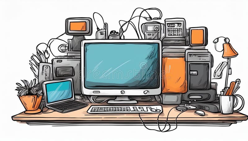 Different Computer Gadgets. Doodle Vector Illustrations Isolate on ...