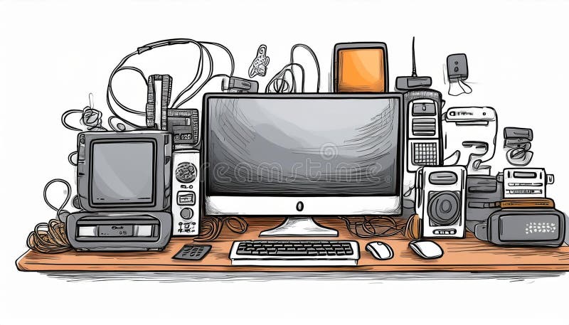 Different Computer Gadgets. Doodle Vector Illustrations Isolate on ...