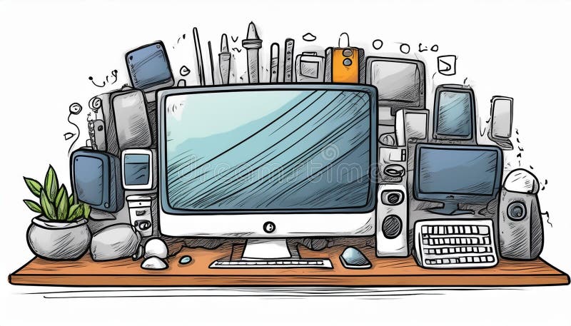 Different Computer Gadgets. Doodle Vector Illustrations Isolate on ...