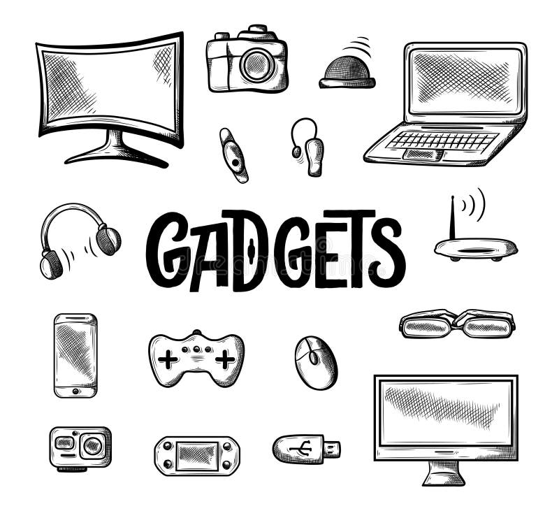 Different Computer Gadgets Icon. Doodle Illustration Isolated on White ...