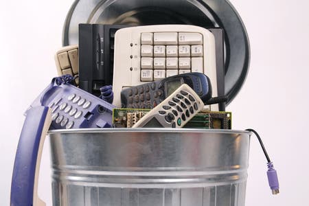 Different Computer Parts in Trash Can Stock Photo - Image of disk ...