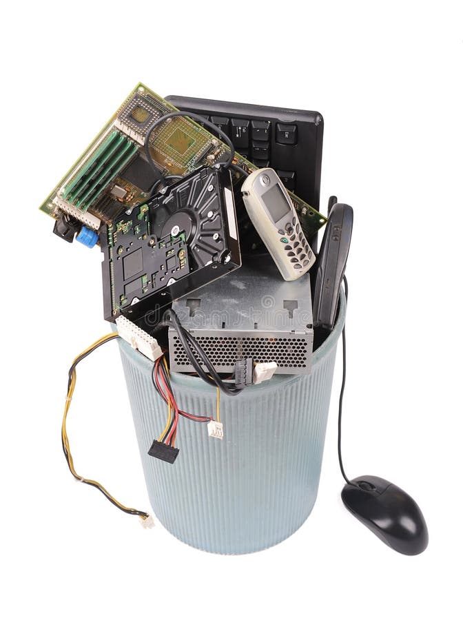 Different Computer Parts in Trash Can Stock Photo - Image of antique ...