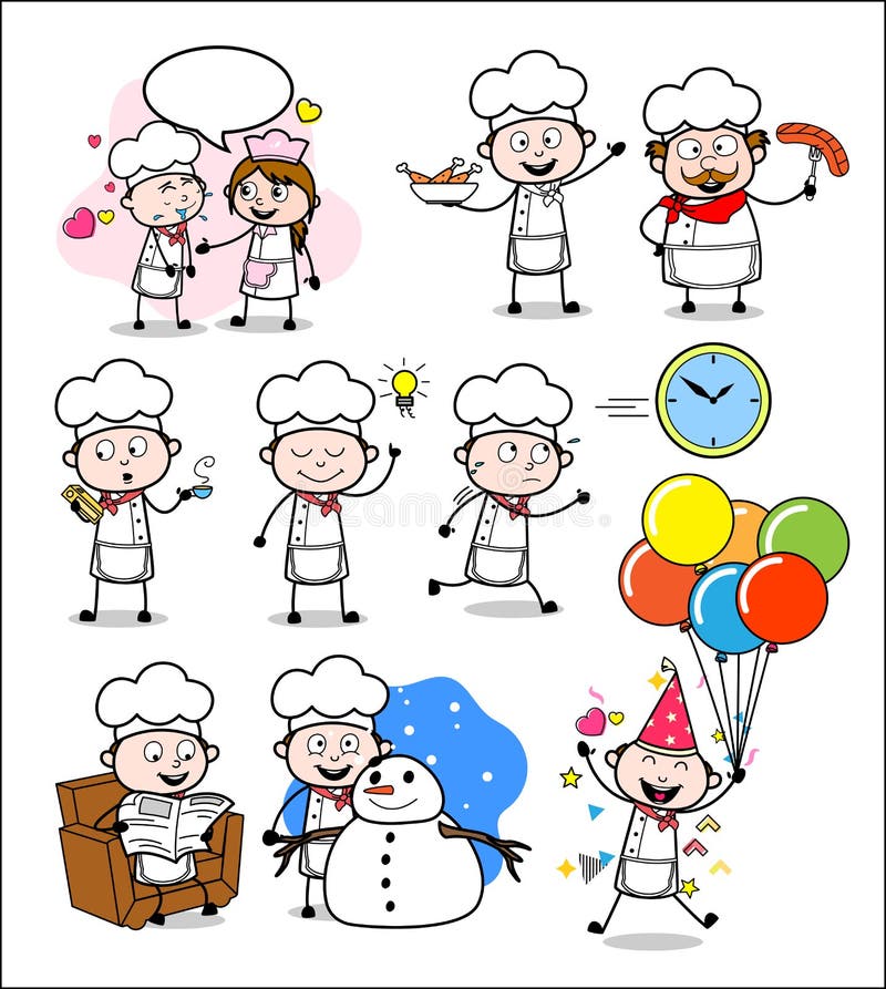 Different Concepts of Cartoon Chef - Set of Comic Vector Illustrations ...