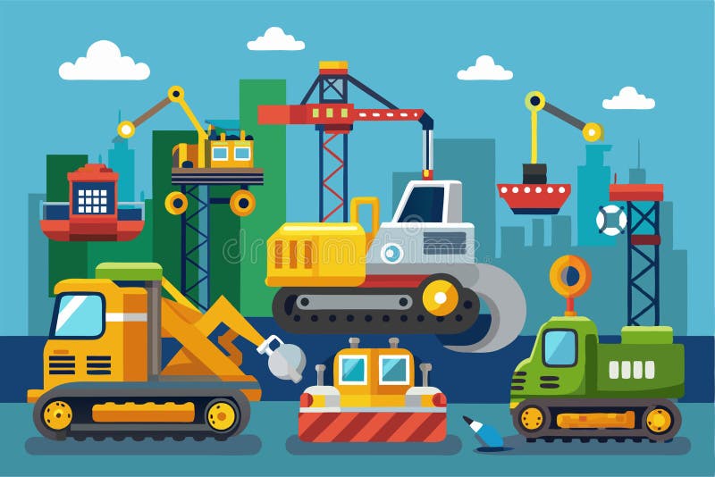 Different Construction Machines Work Together in a Colorful City ...