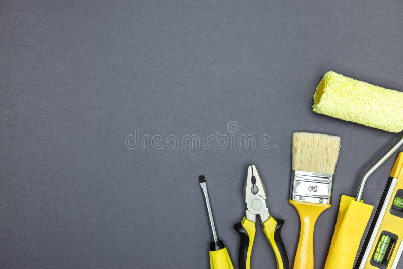 Different Construction Tools on Grey Metal Background. Repair Concept ...