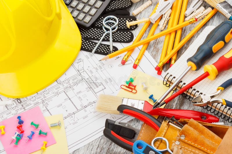 Different Construction Tools, Wooden Background Stock Photo - Image of ...