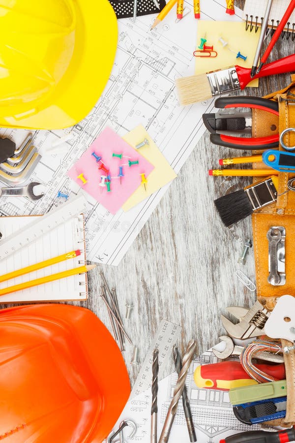 Different Construction Tools, Wooden Background Stock Image - Image of ...