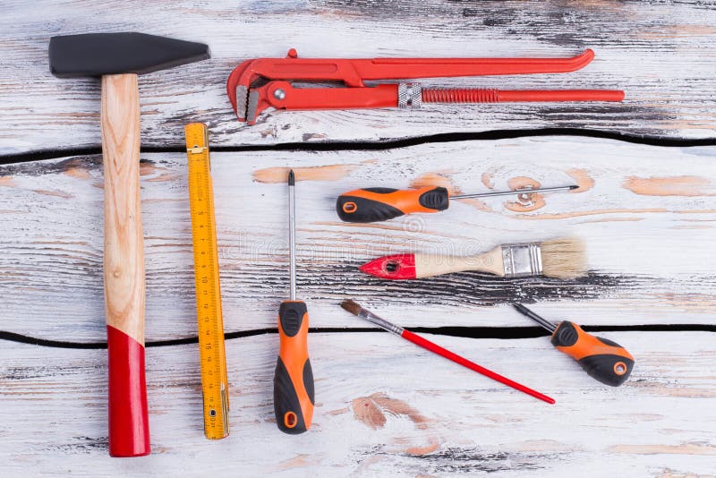 Different Construction Tools on Wooden Background. Stock Image - Image ...