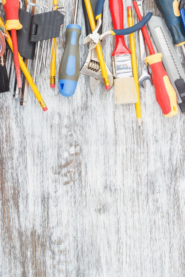 Different Construction Tools, Wooden Background Stock Photo - Image of ...