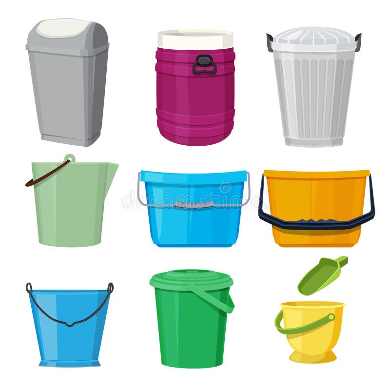 Different Containers and Buckets. Vector Illustrations in Cartoon Style ...