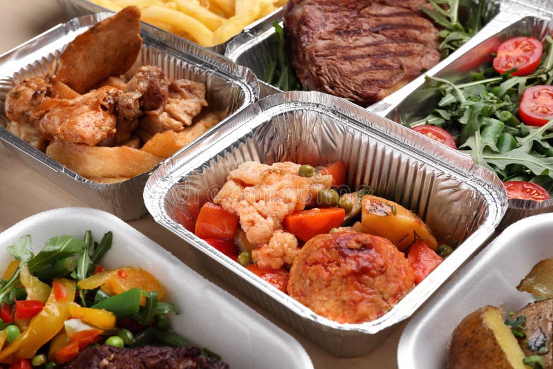 Different Containers with Delicious Food, Closeup. Delivery Service ...