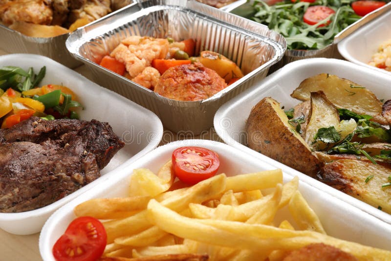 Different Containers with Delicious Food, Closeup. Delivery Service ...