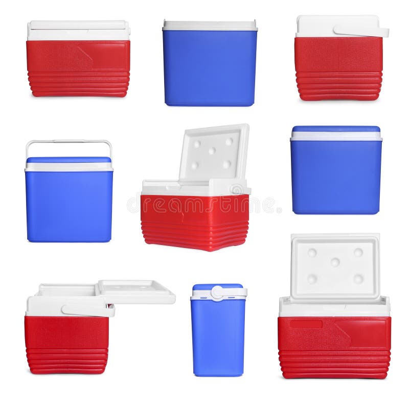 Different Cool Boxes Isolated on White, Set Stock Image - Image of ...