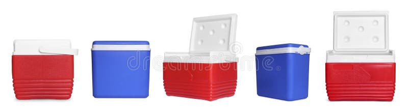 Different Cool Boxes Isolated on White, Set Stock Photo - Image of ...