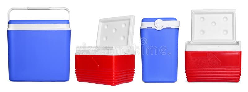 Different Cool Boxes Isolated on White, Set Stock Photo - Image of ...