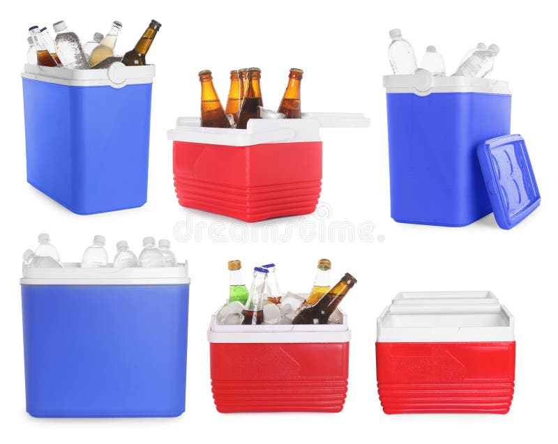 Different Cool Boxes Isolated on White, Set Stock Image - Image of ...