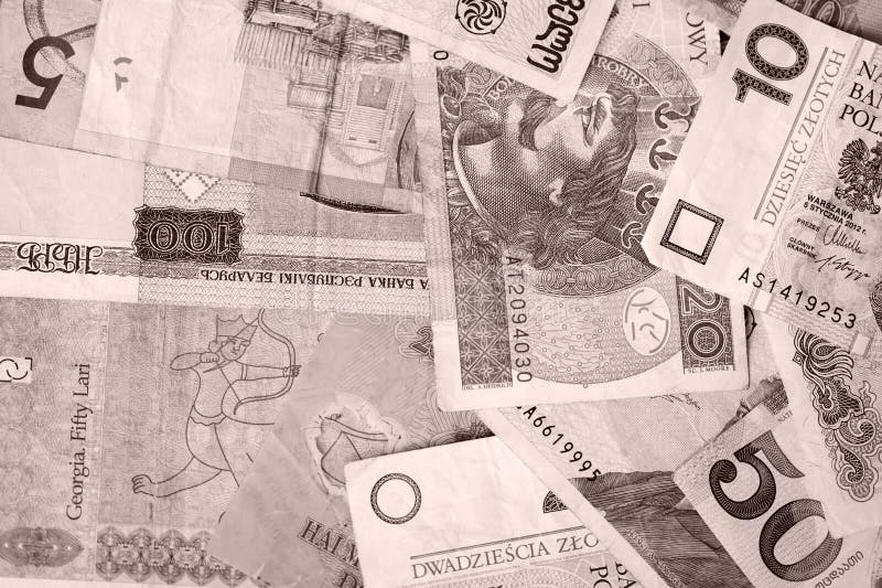 Different Countries Money Background. Brown Color Toned Stock Photo ...