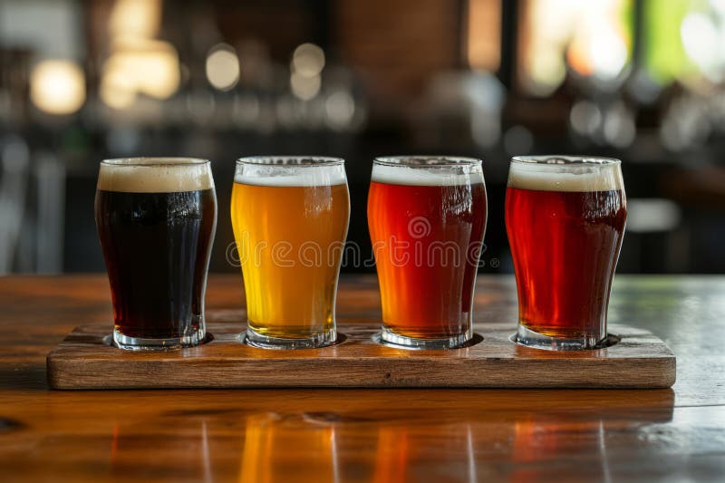 Different Craft Beers Standing on Bar Top in Brewery Stock Photo ...
