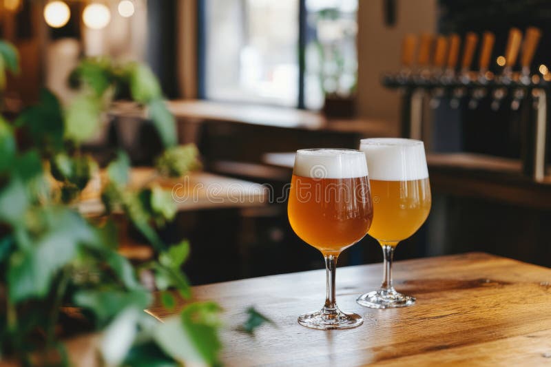 Different Craft Beers Standing on Bar Top in Brewery Stock Image ...