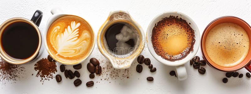 Different Cups of Coffee Top View. Selective Focus Stock Image - Image ...