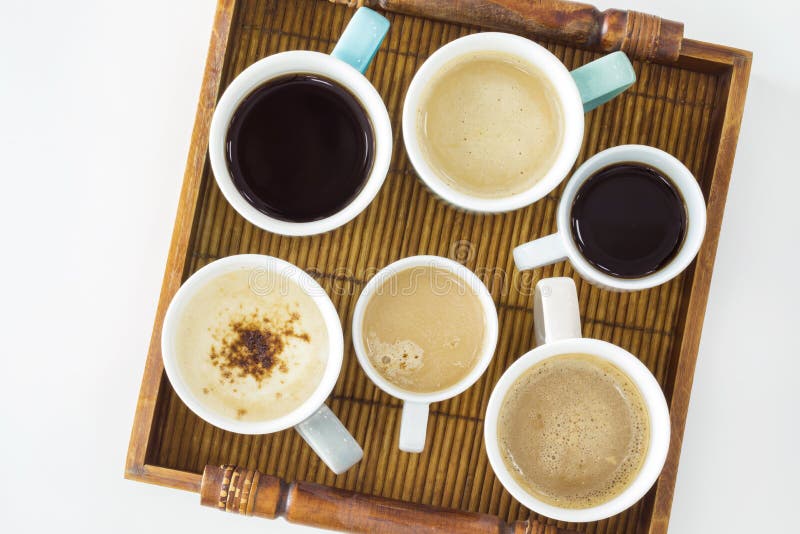 Different Cups of Coffee on Wooden Table Stock Photo - Image of angle ...