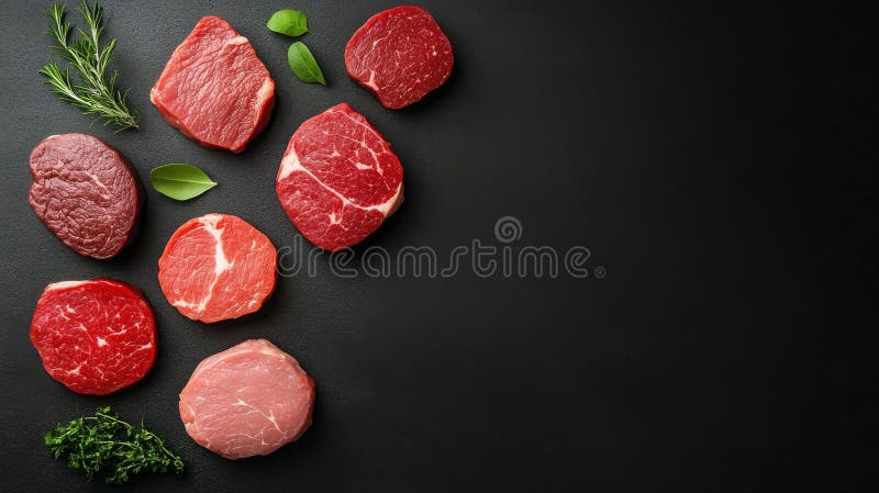 Different Cuts of Meat Displayed Against a Dark Background Showcasing ...