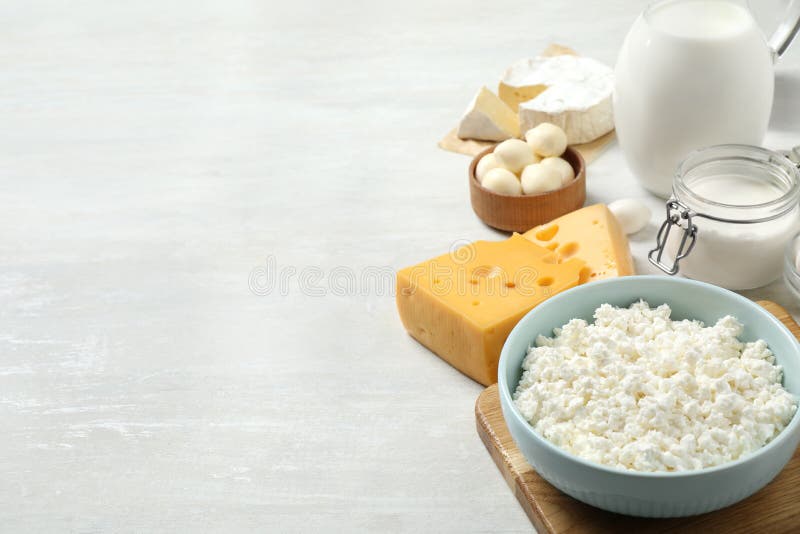 Different Dairy Products on Table. Space for Text Stock Photo - Image ...