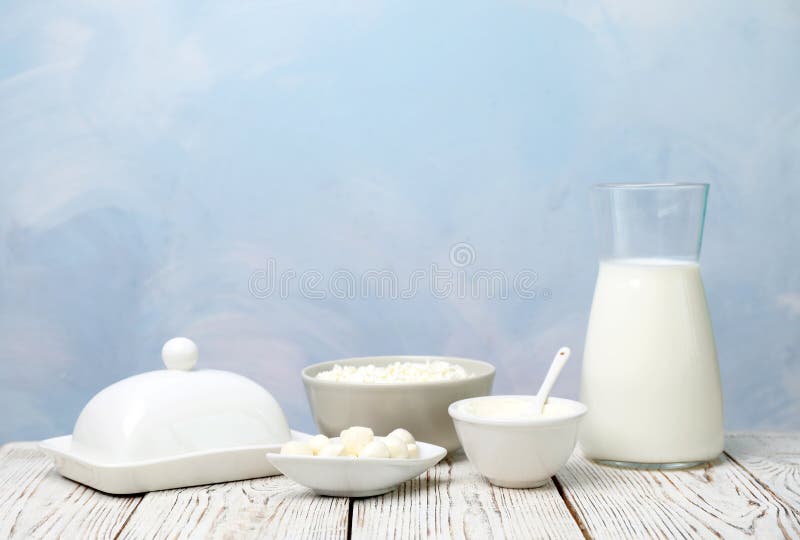 Different Dairy Products on Table Stock Photo - Image of assortment ...
