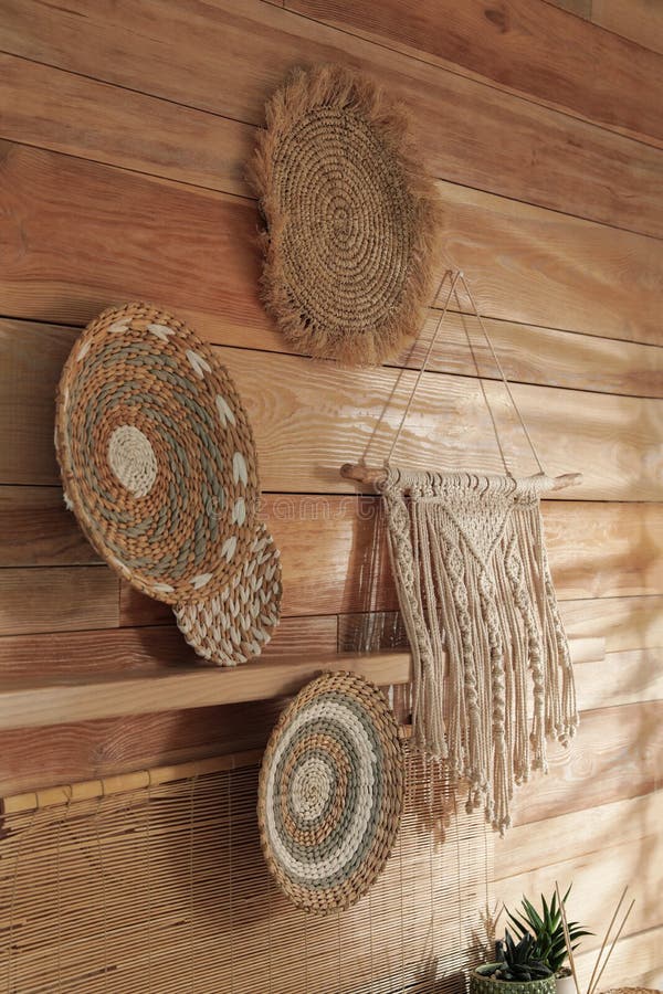 Different Decorative Elements on Wooden Wall Indoors. Interior Design ...