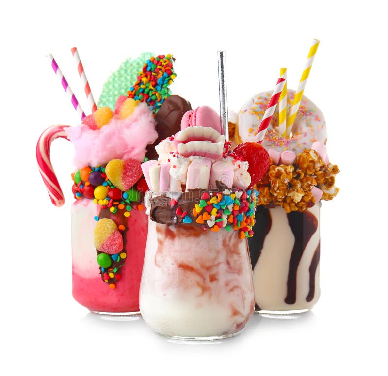 Different Delicious Freak Shakes on White Background Stock Image ...