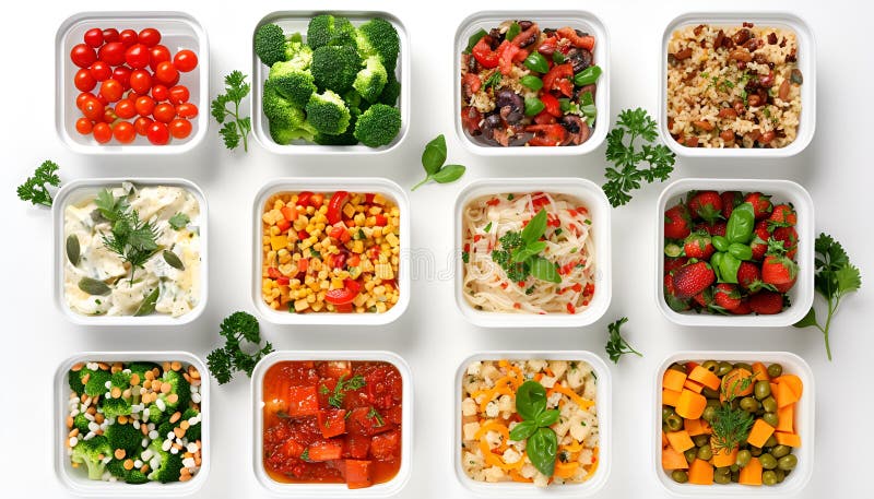 Different Delicious Meals in Containers Isolated on White, Top View ...