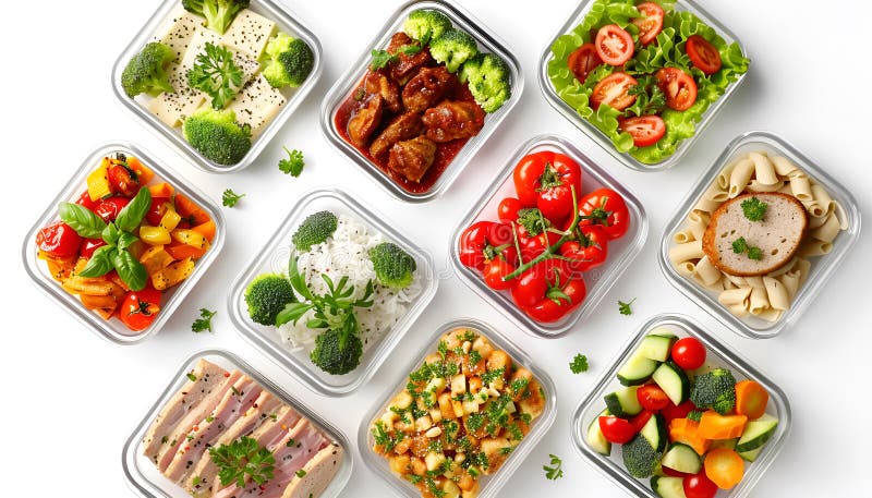 Different Delicious Meals in Containers Isolated on White, Top View ...