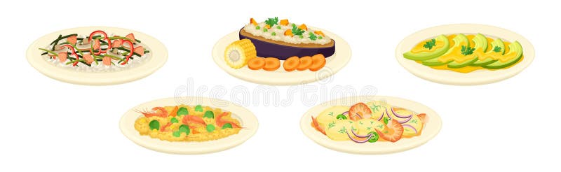 Different Dish and Food Served on Plate with Garnish Vector Set Stock ...