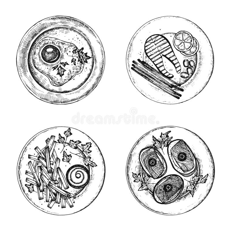 Set of Dinner Plates Vector. Hand Drawing Illustration Stock Vector ...