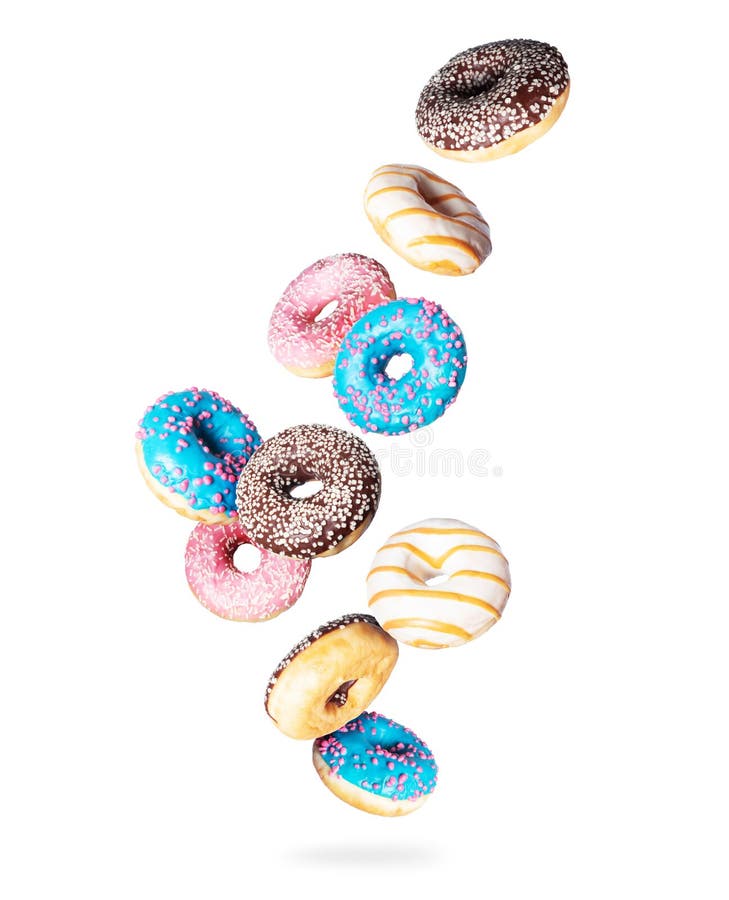 Different Donuts are Falling Down on a White Background Stock Photo ...