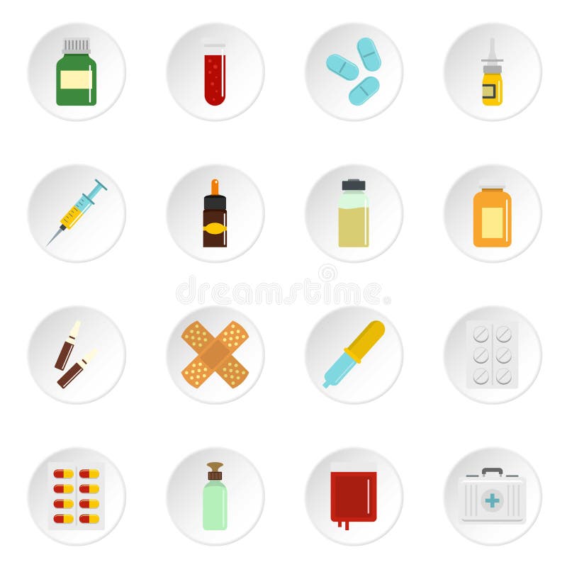 Different Drugs Icons Set in Flat Style Stock Vector - Illustration of ...