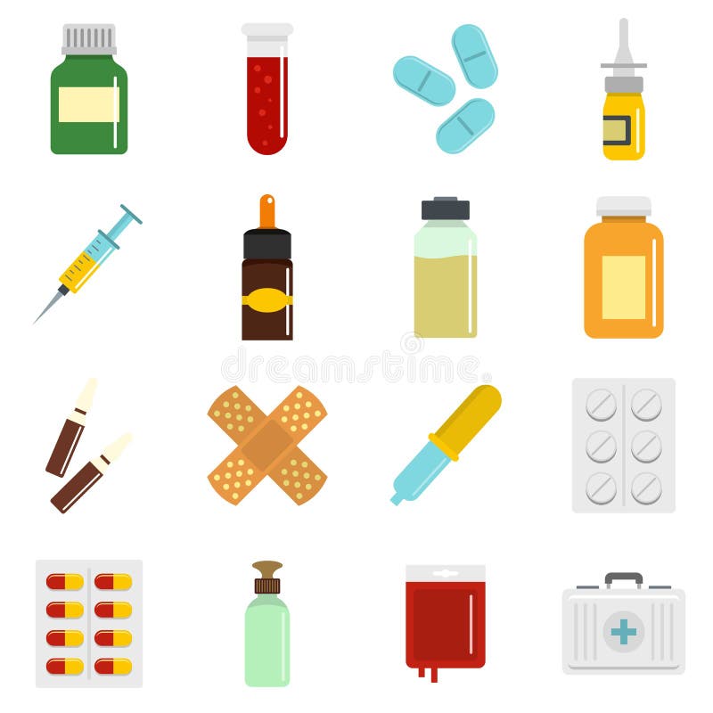 Different Drugs Icons Set in Flat Style Stock Vector - Illustration of ...