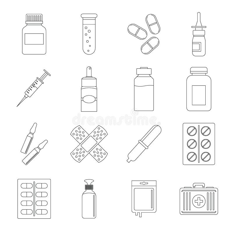 Different Drugs Icons Set, Outline Style Stock Vector - Illustration of ...