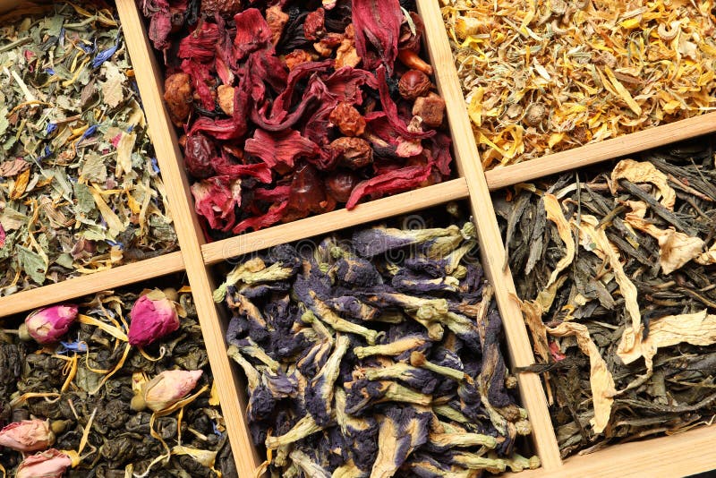 Different Dry Herbal Teas in Wooden Box Stock Image - Image of herbal ...