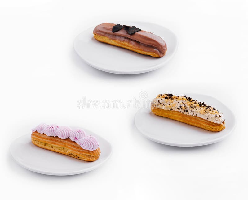 Different Eclairs with Cream and Chocolate on Plate Stock Image - Image ...