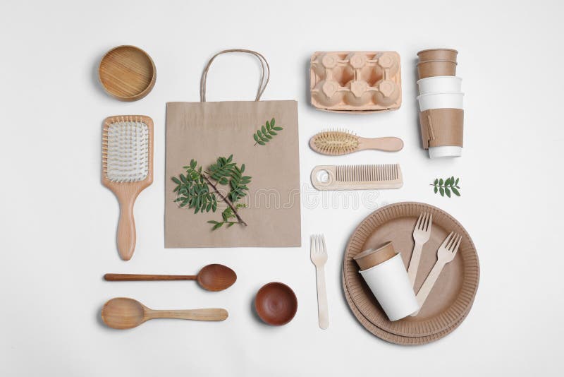 Different Eco Items on White Background, Flat Lay. Recycling Concept ...
