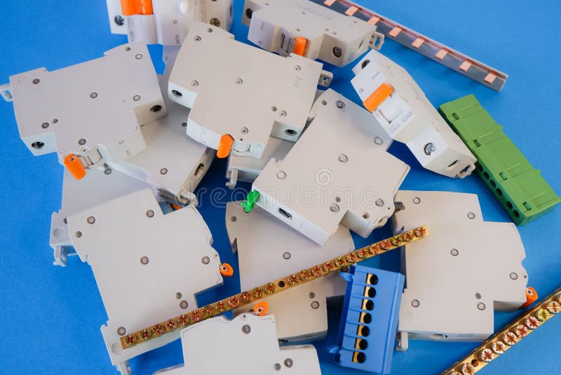 Different Electrical Equipment on Blue Background. Various Electric ...