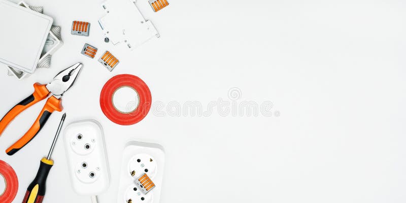Different Electrical Equipments and Tools on Grey Background. Stock ...