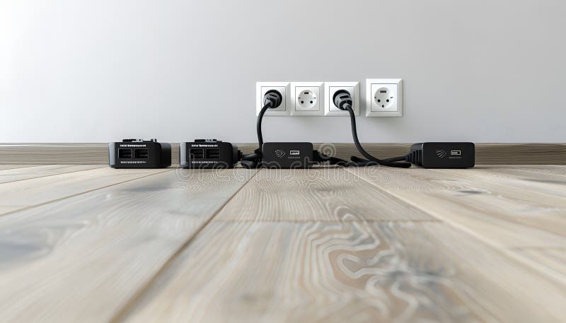 Different Electrical Plugs in Socket and Power Strip on Floor Indoors ...