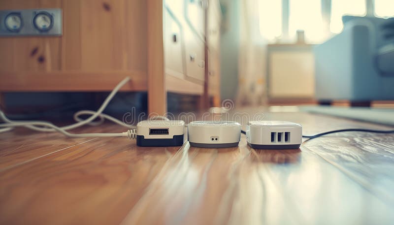 Different Electrical Plugs in Socket and Power Strip on Floor Indoors ...