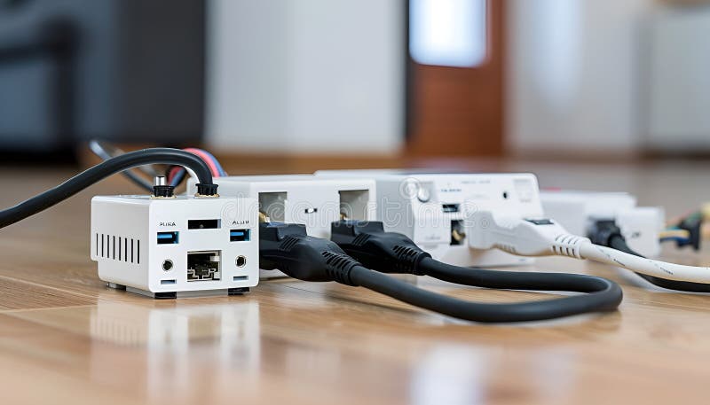 Different Electrical Plugs in Socket and Power Strip on Floor Indoors ...