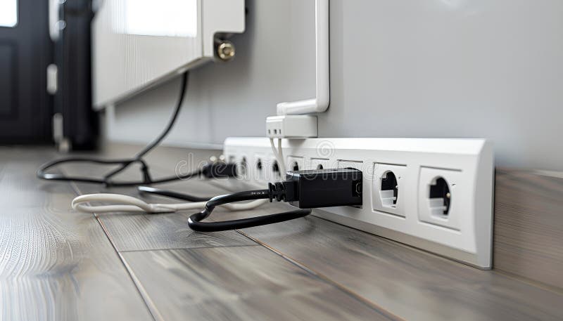 Different Electrical Plugs in Socket and Power Strip on Floor Indoors ...