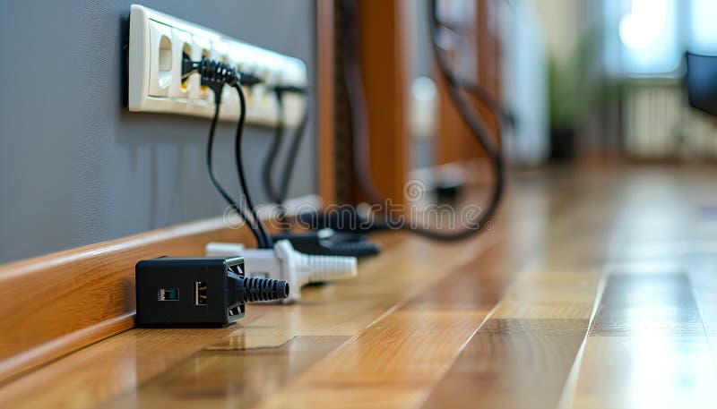 Different Electrical Plugs in Socket and Power Strip on Floor Indoors ...