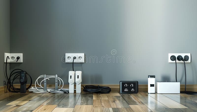Different Electrical Plugs in Socket and Power Strip on Floor Indoors ...
