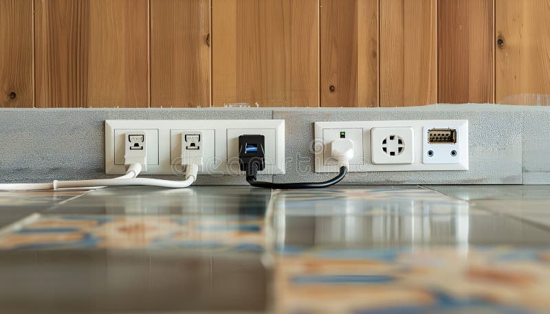 Different Electrical Plugs in Socket and Power Strip on Floor Indoors ...